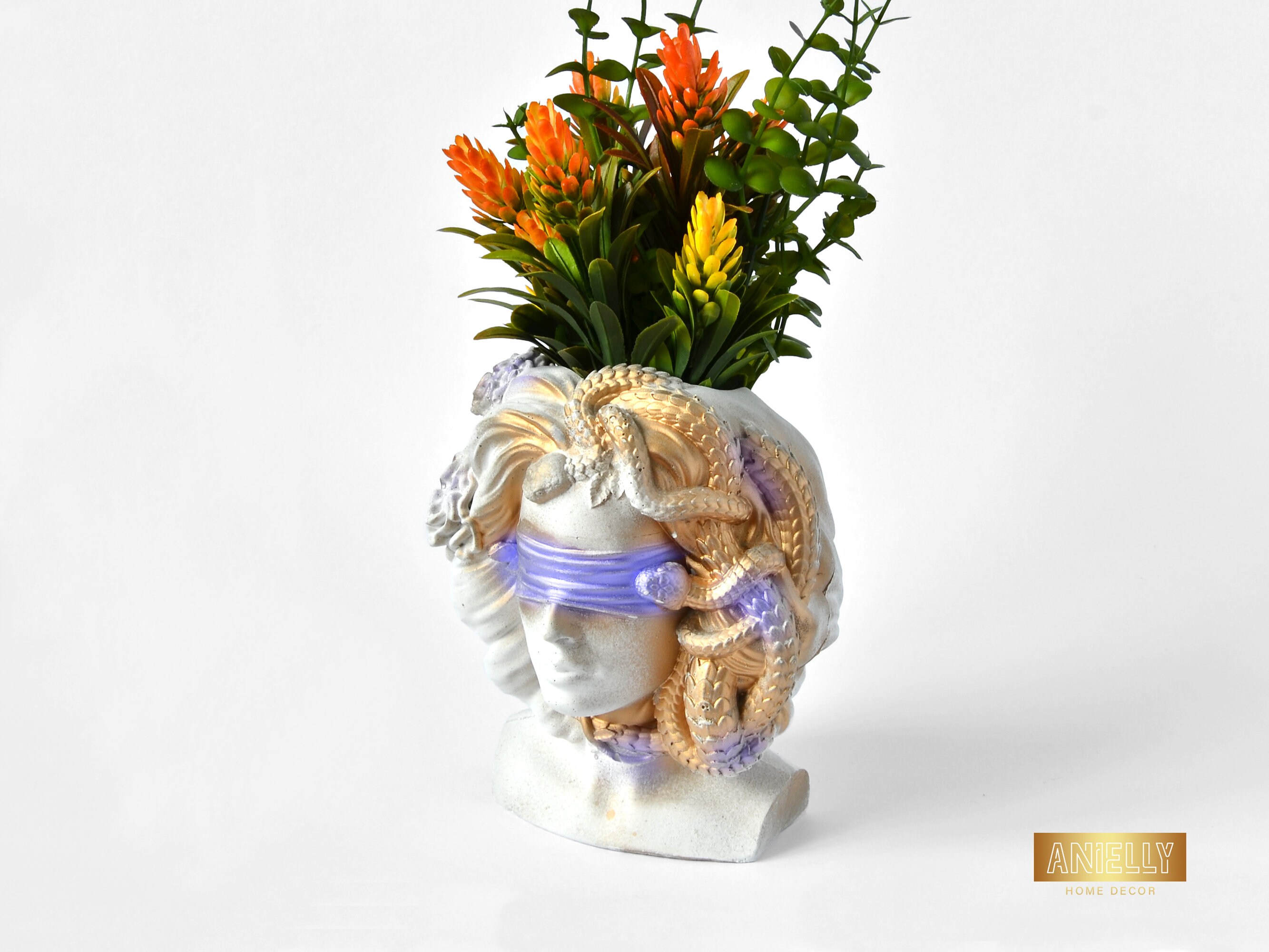 Grecian God Planter, Gold & Purple Medusa Gorgon Head Statue ...