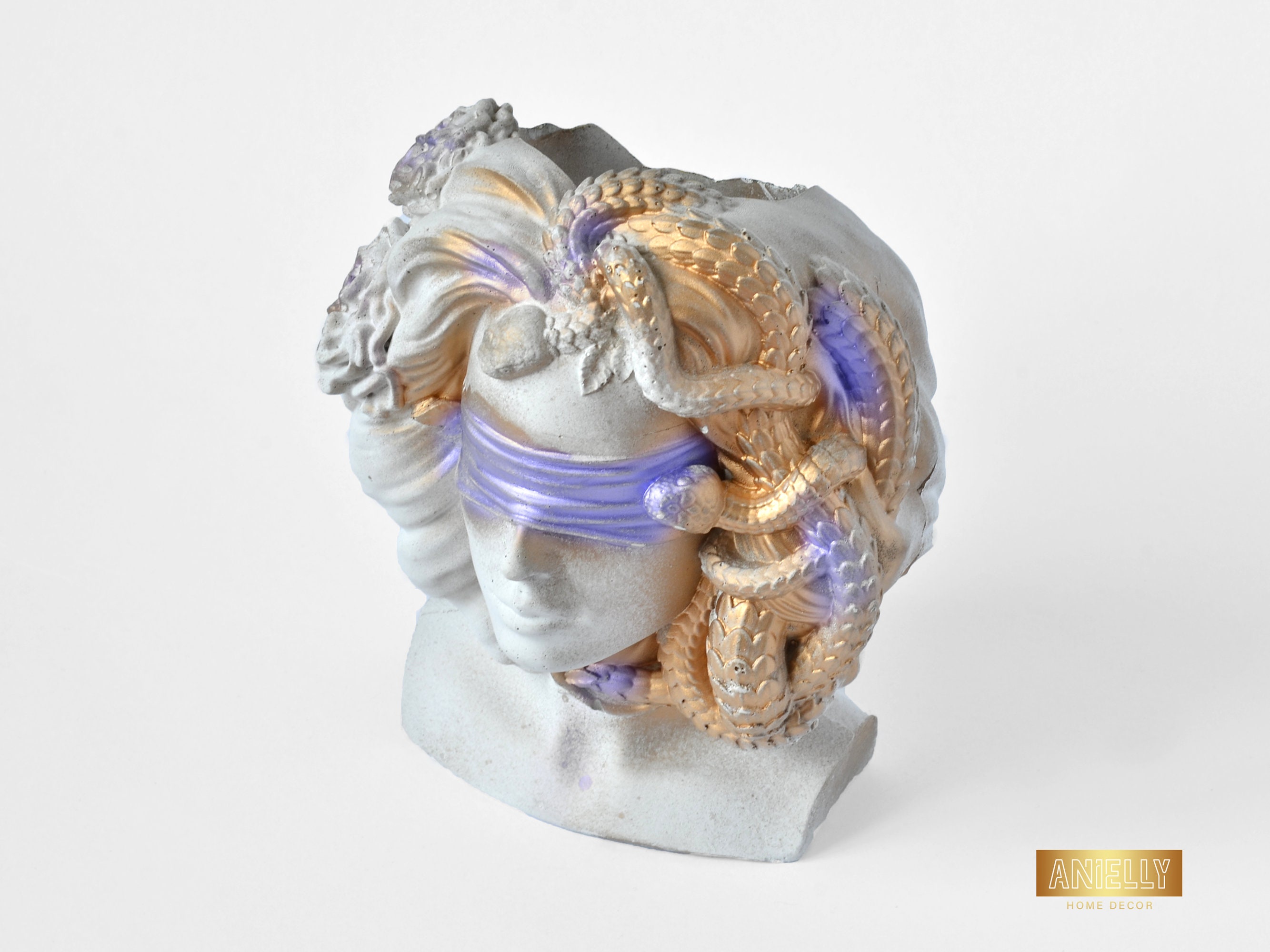 Grecian God Planter, Gold & Purple Medusa Gorgon Head Statue ...