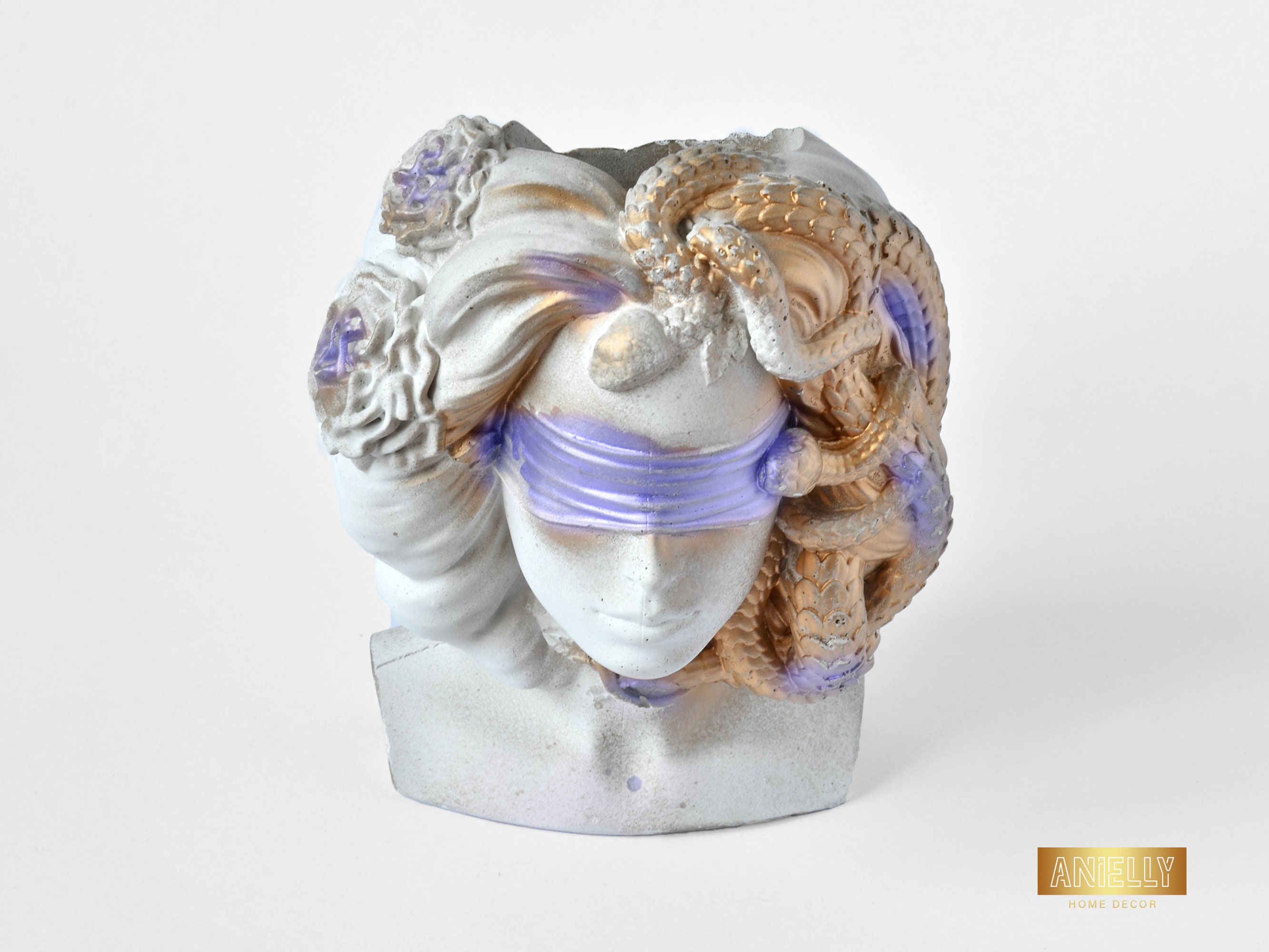 Grecian God Planter, Gold & Purple Medusa Gorgon Head Statue ...
