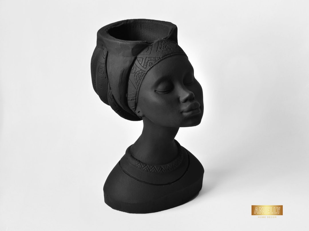 Goddess Head Face Planter, Female Black Statue Vase, Concrete African ...