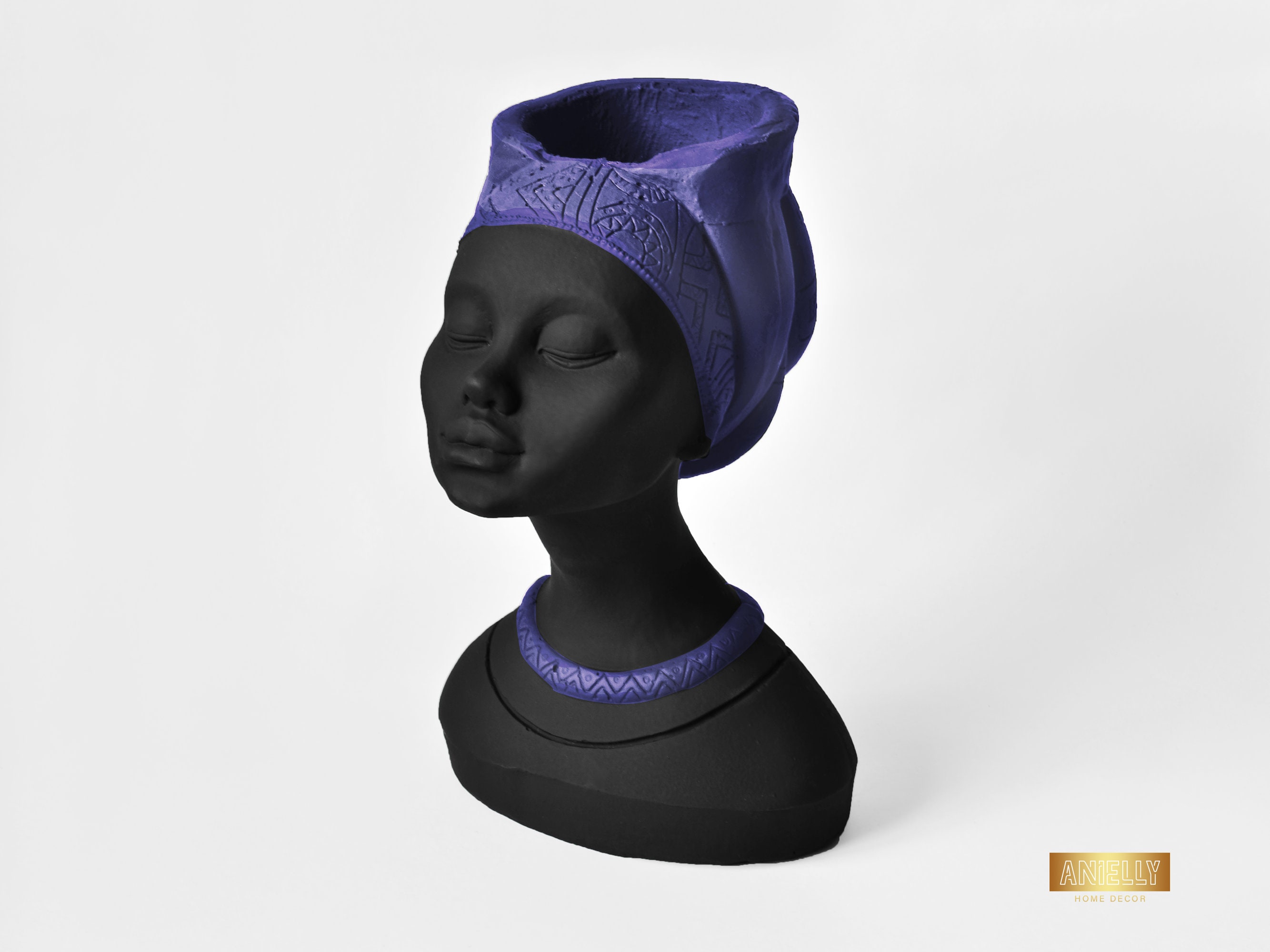 Mayra Vase With Purple Turban, Female Head Planter, Indoor Home Decor ...