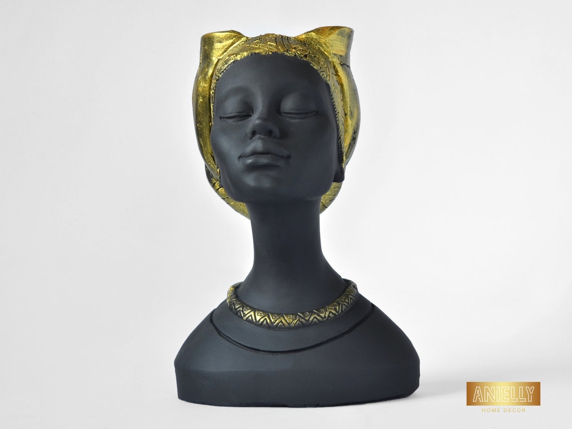 Female Head Planter Mayra Vase With Golden Turban Indoor - Etsy