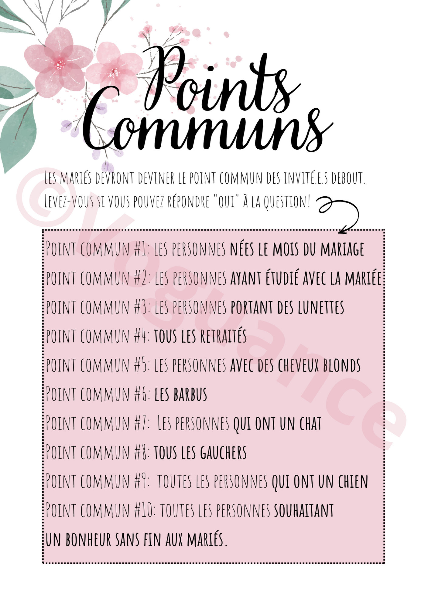 Jeux de Mariage Français: Jeu des Points Communs,Animation de mariage ...