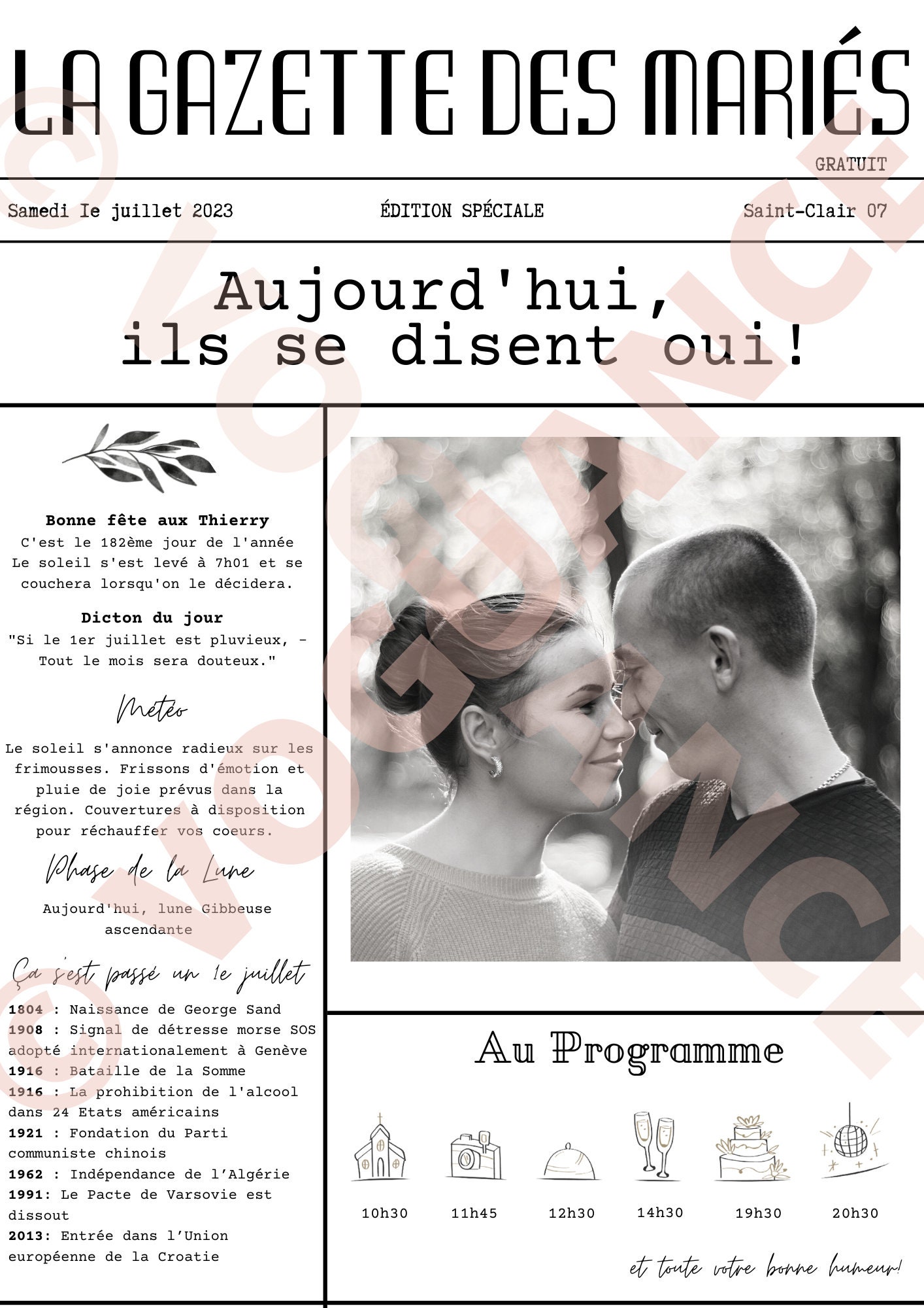 Animation Mariage: Gazette des Mariés A3 en Français, personnalisable à ...