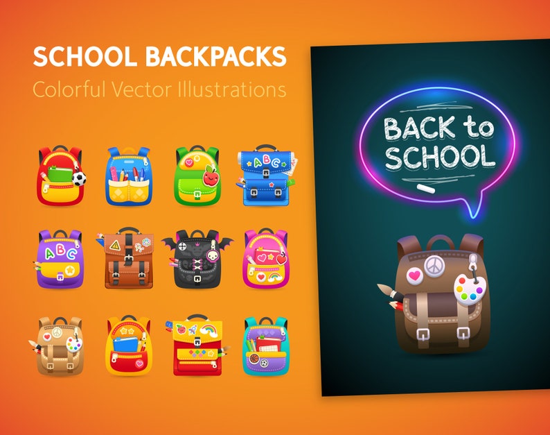 Colorful School Backpacks Clipart: Vector Illustrations (digital ...