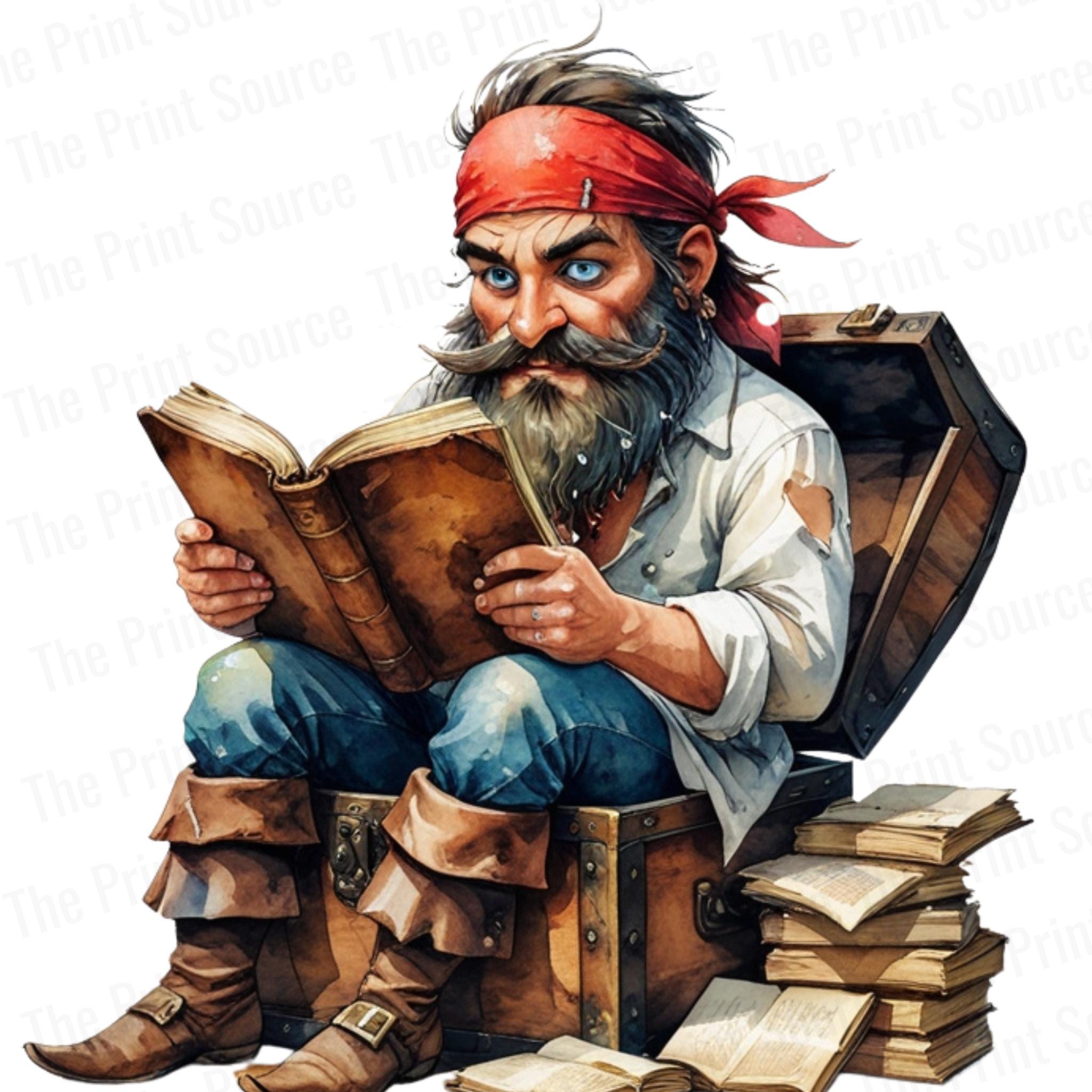 Watercolor Pirate Reading A Book PNG, Vintage Treasure Hunter Clipart ...