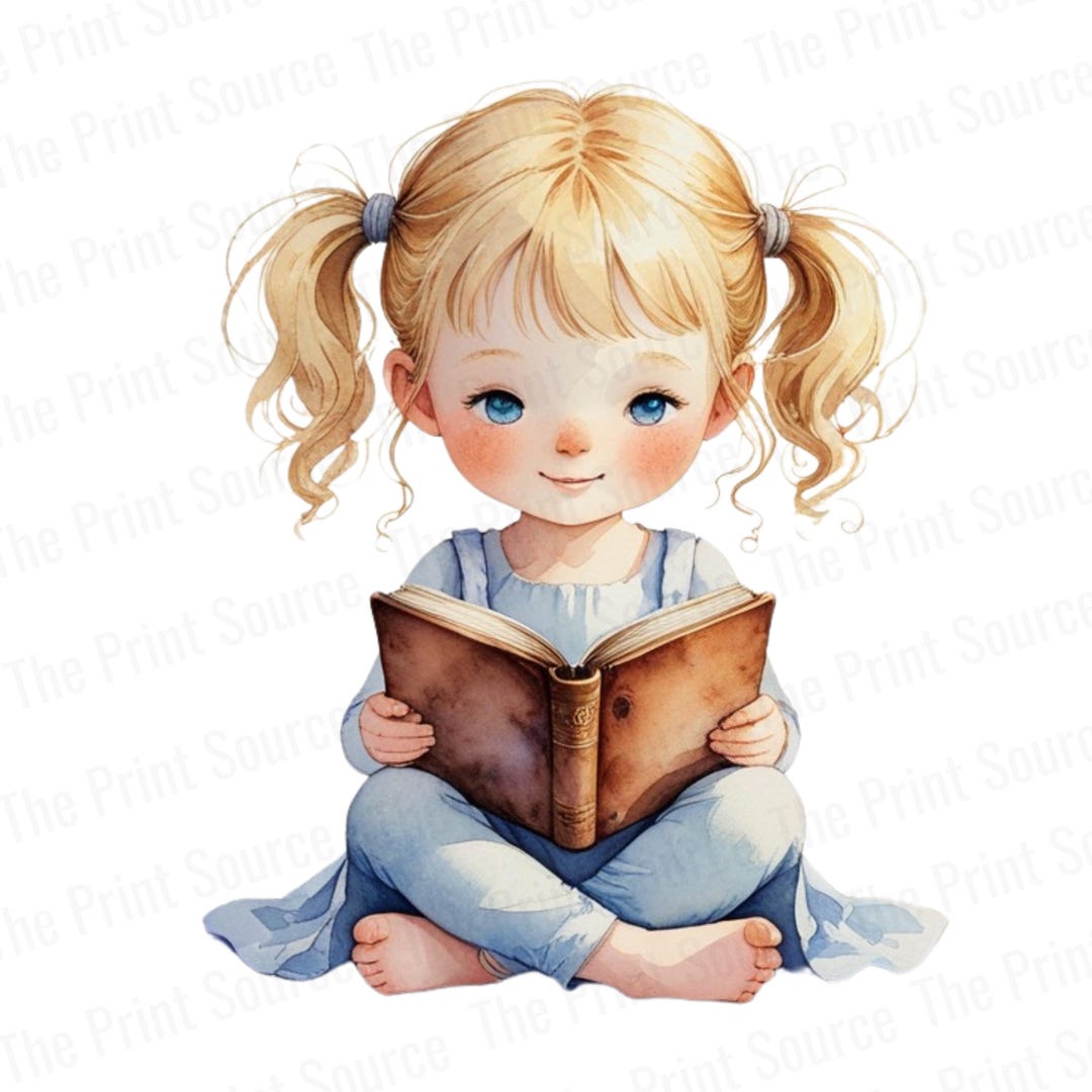 Watercolor Blonde Girl Reading Book PNG | Whimsical Clipart for DIY ...