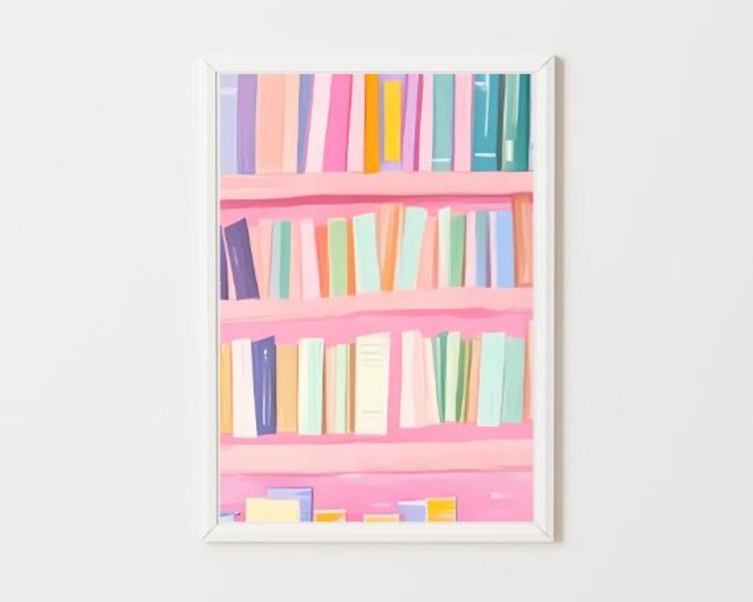 Pastel Girl's Bookshelf Painting | Pink Reading Nook Wall Art Print ...