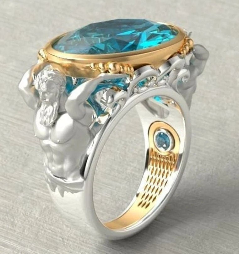 14K Gold Over Diamond Poseidon Ring Topaz Angel Ring Oval Aquamarine ...