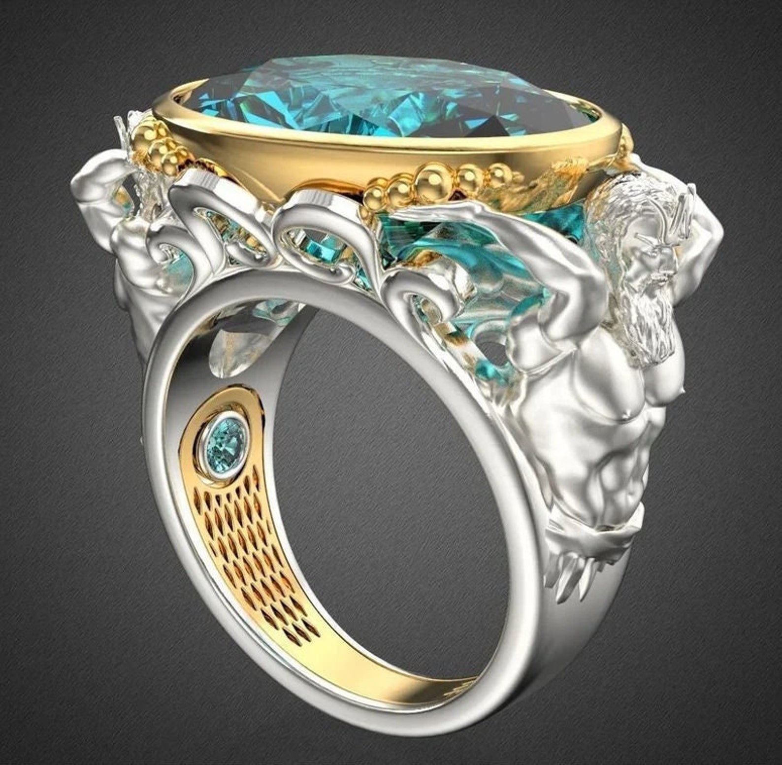 14K Gold Over Diamond Poseidon Ring Topaz Angel Ring Oval - Etsy