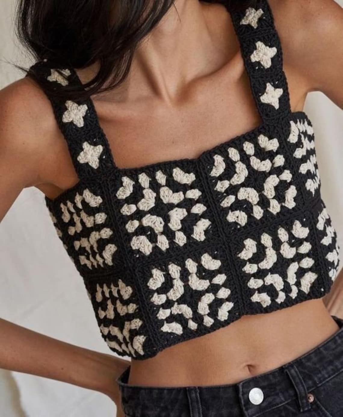 Crochet Black and White Crop Top, Handmade Crop Top, Handmade Festival ...