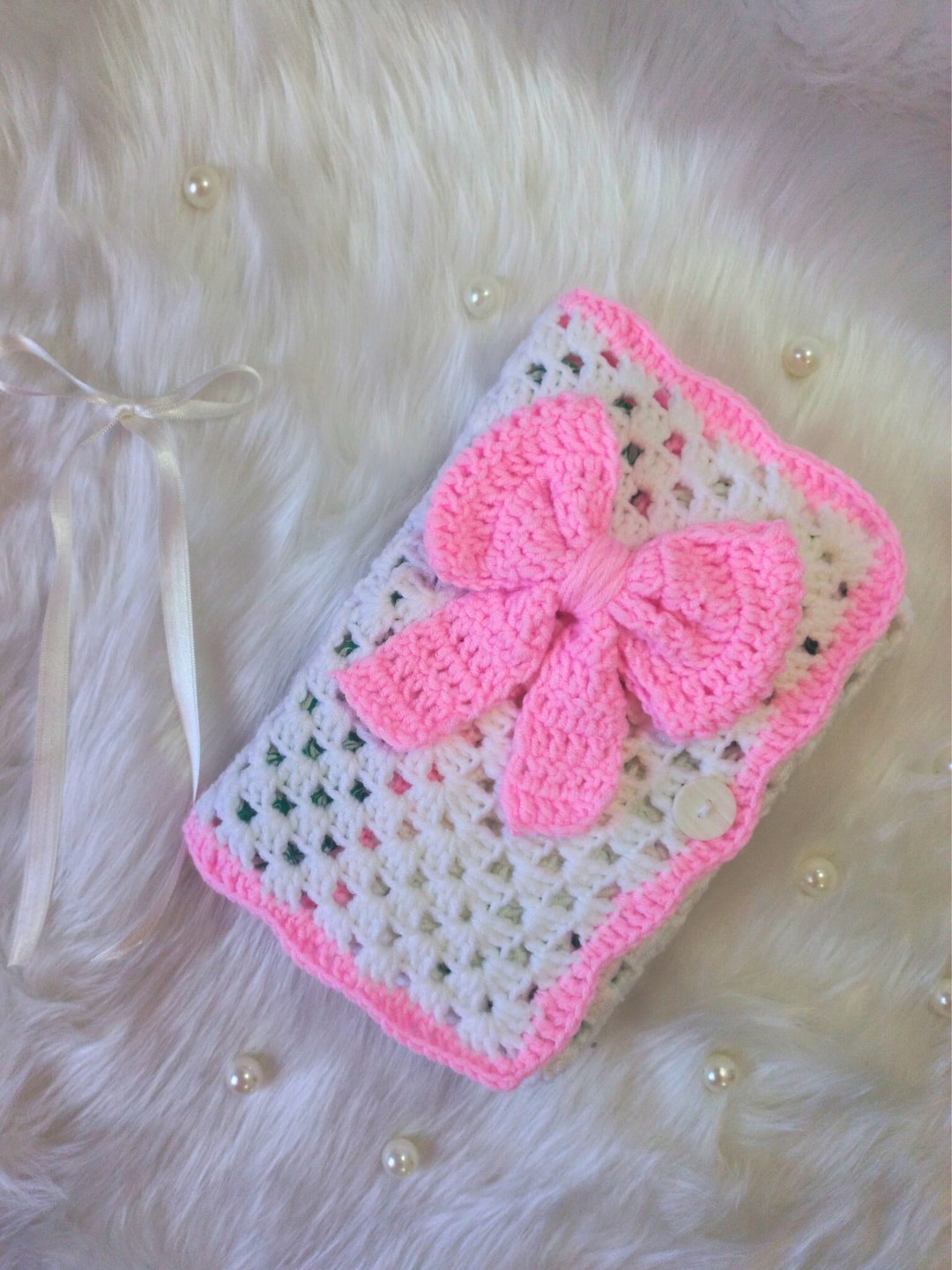 Crochet Bow Book Sleeve, Handmade Ribbon Book Sleeve, Crochet Bow Book ...