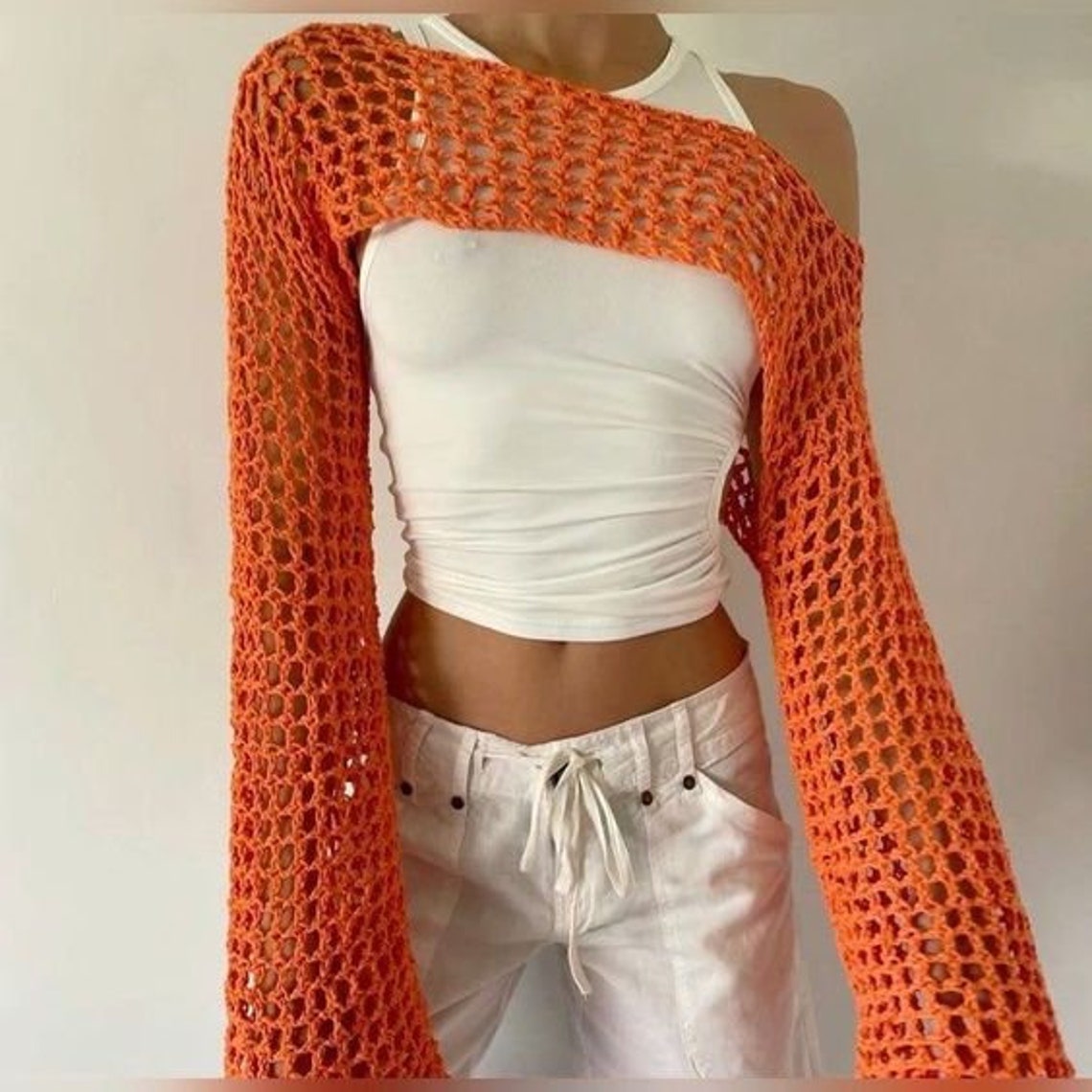 Y2k Crochet Knitted Crop Top Hollow Out Fishnet Jumper Smock - Etsy
