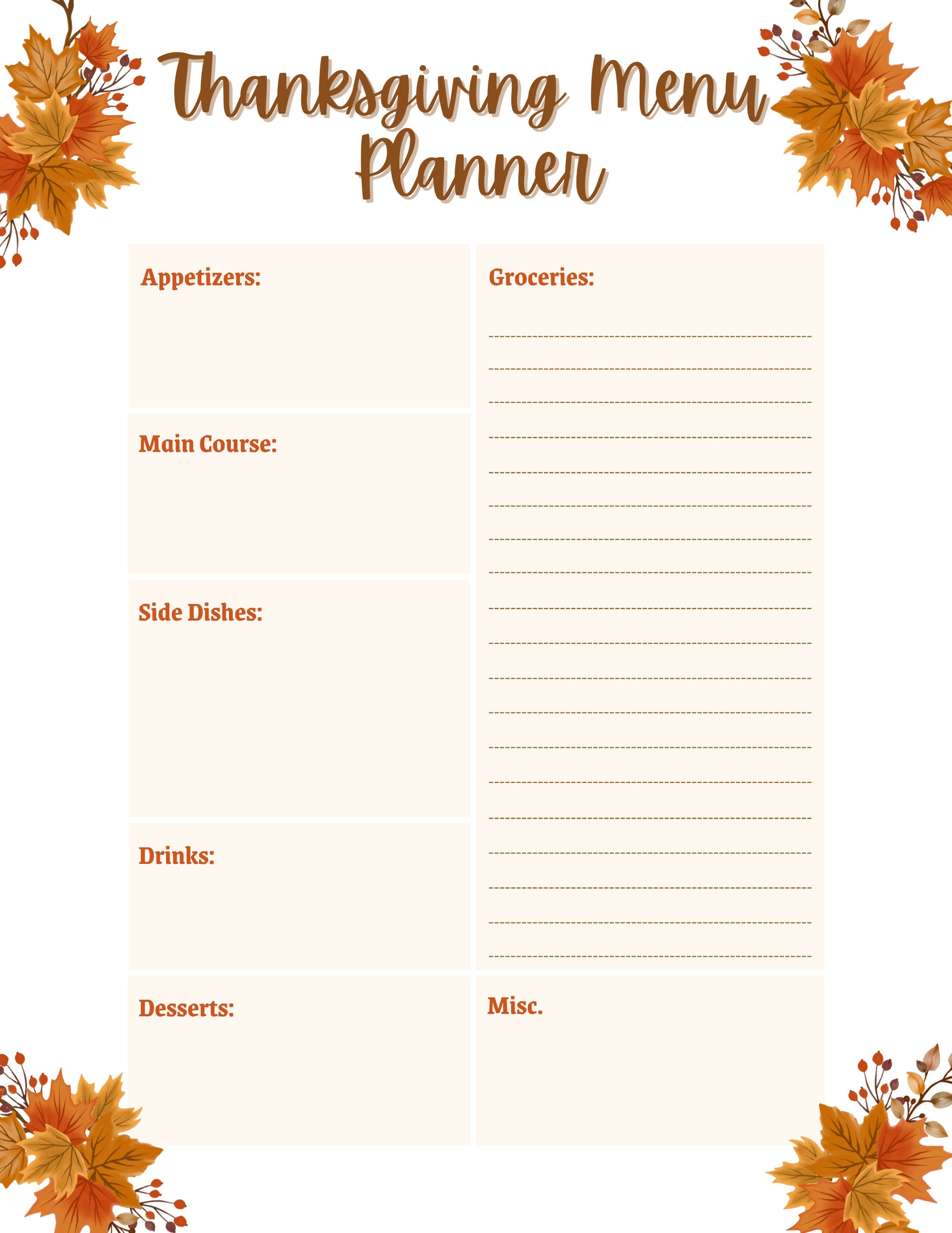 Thanksgiving Menu Planner | Thanksgiving Meal Planner | Thanksgiving ...