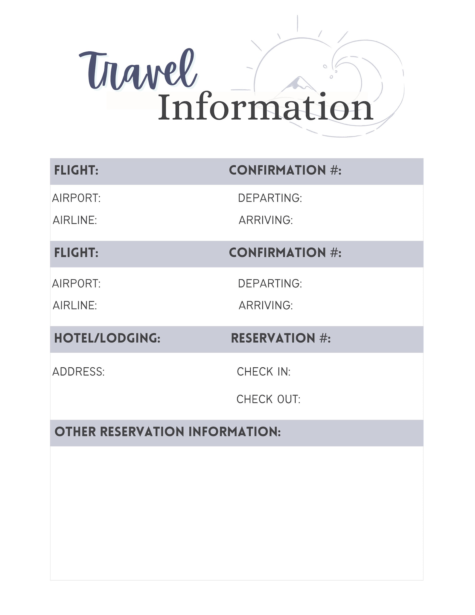 Travel Information Sheets | Printable Travel Info Trackers | Travel ...