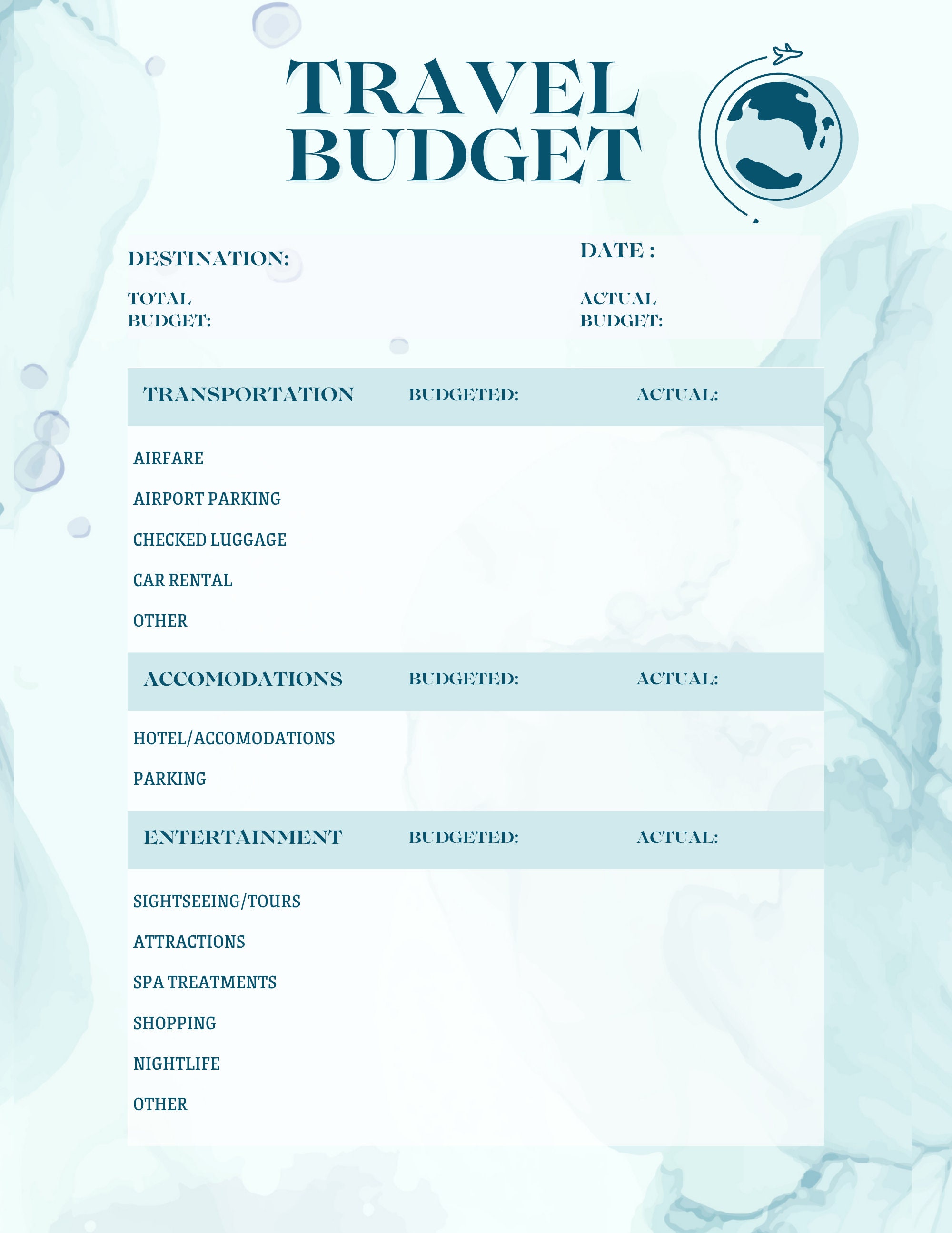 Printable Travel Budget Worksheets Vacation Budget Planner - Etsy