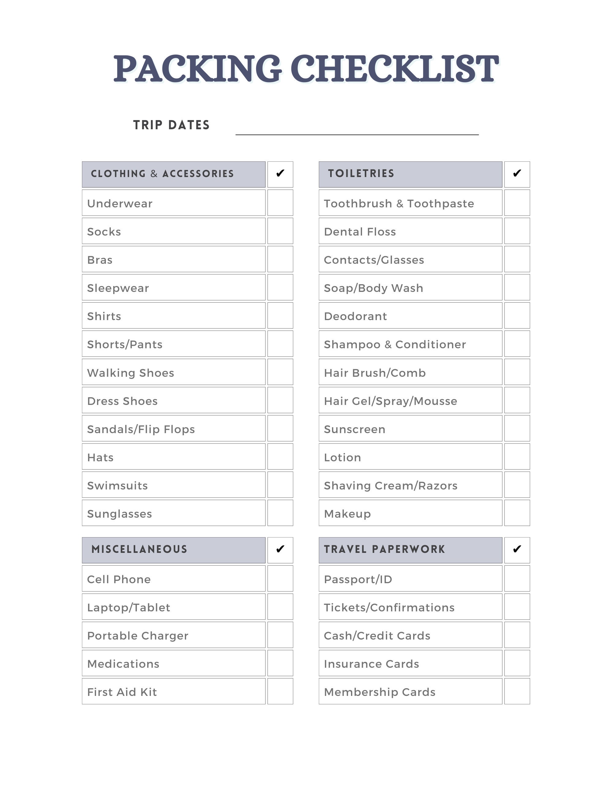 Travel Packing Checklists | Packing Checklist | Vacation Packing List ...