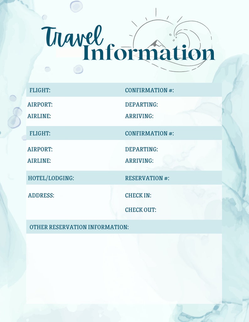 Travel Information Sheets | Printable Travel Info Trackers | Travel ...