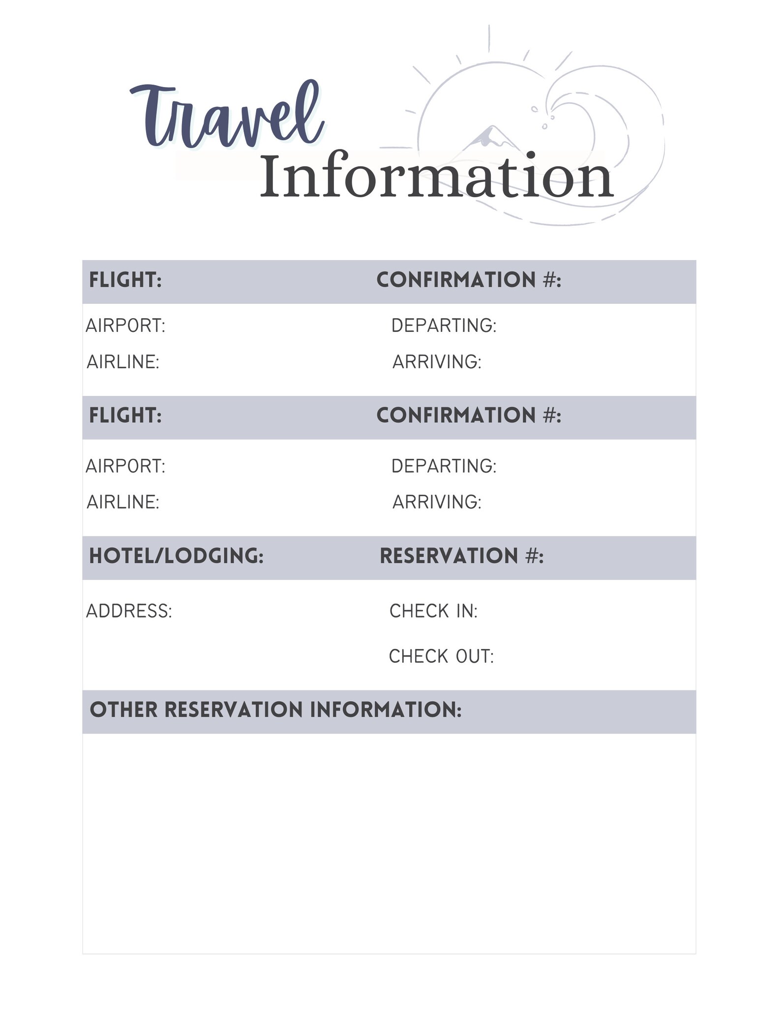 Travel Information Sheet Printable | Printable Travel Info Tracker ...