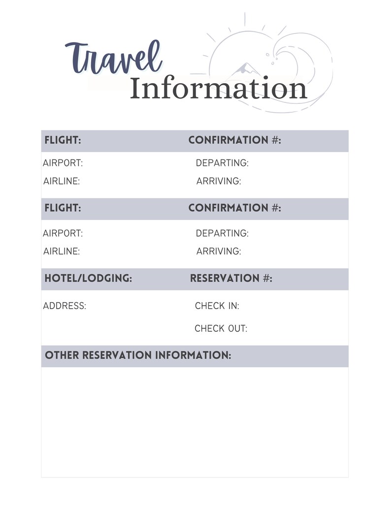 Travel Information Sheet Printable | Printable Travel Info Tracker ...