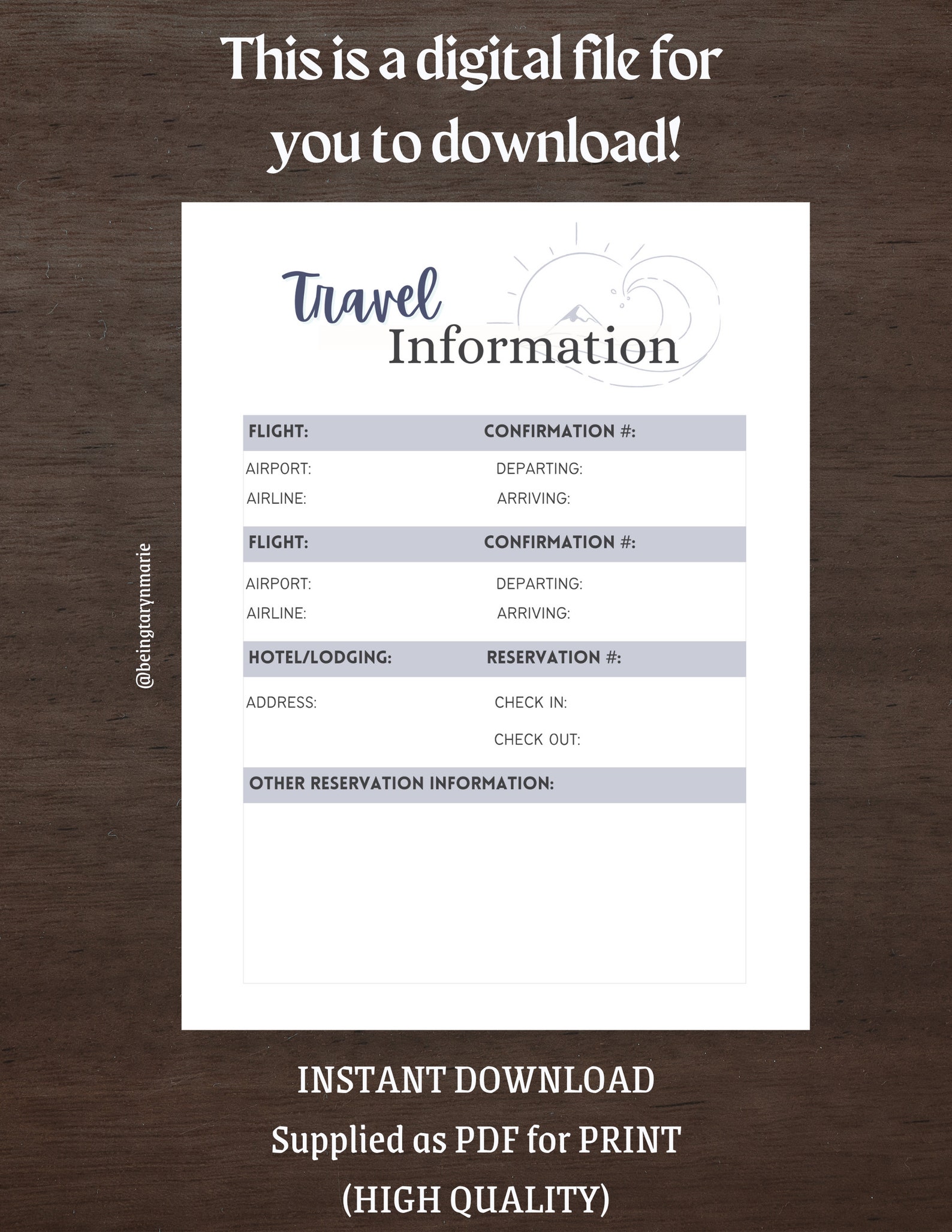 Travel Information Sheet Printable | Printable Travel Info Tracker ...