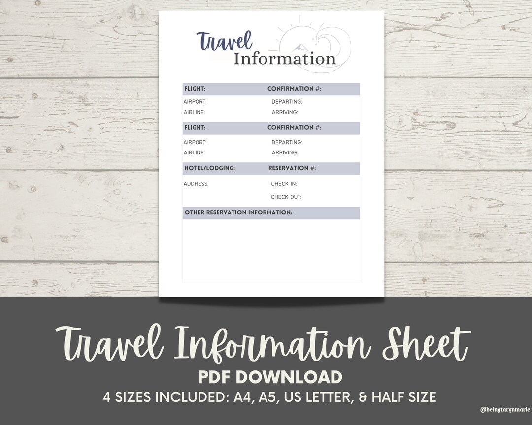 Travel Information Sheet Printable | Printable Travel Info Tracker ...