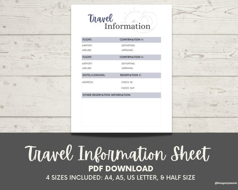 Travel Information Sheet Printable | Printable Travel Info Tracker ...