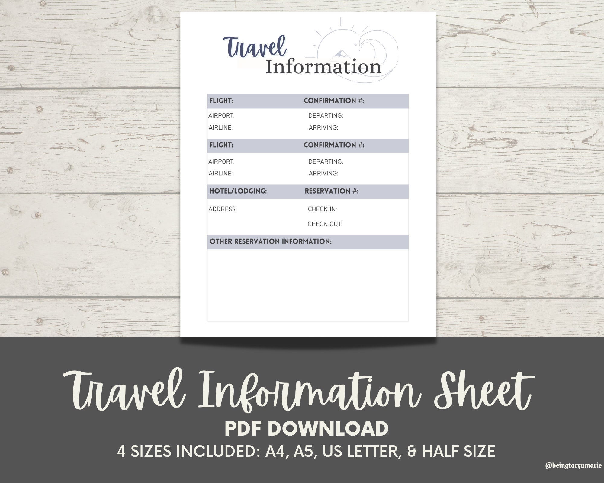 Travel Information Sheet Printable | Printable Travel Info Tracker ...