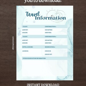 Travel Information Sheet | Printable Travel Info Tracker | Travel ...