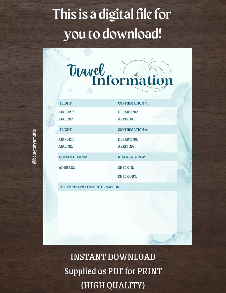 Travel Information Sheets | Printable Travel Info Trackers | Travel ...