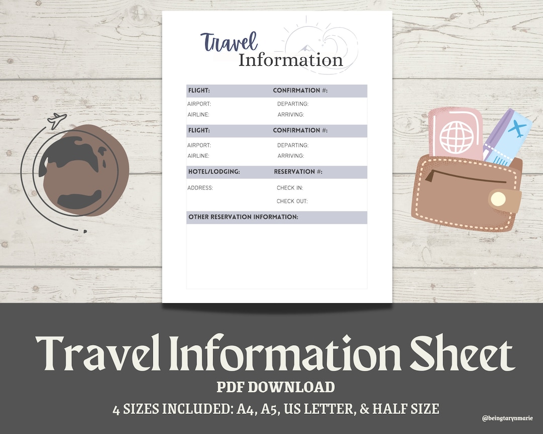 Travel Information Sheet Printable Printable Travel Info - Etsy