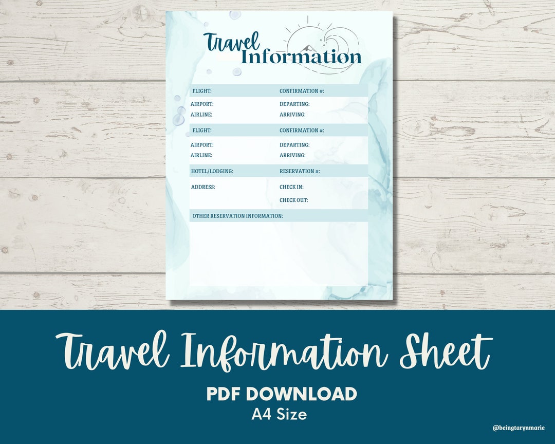 Travel Information Sheet | Printable Travel Info Tracker | Travel ...