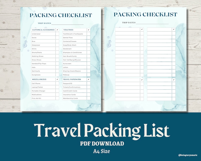 Travel Packing List Packing Checklist Vacation Packing - Etsy