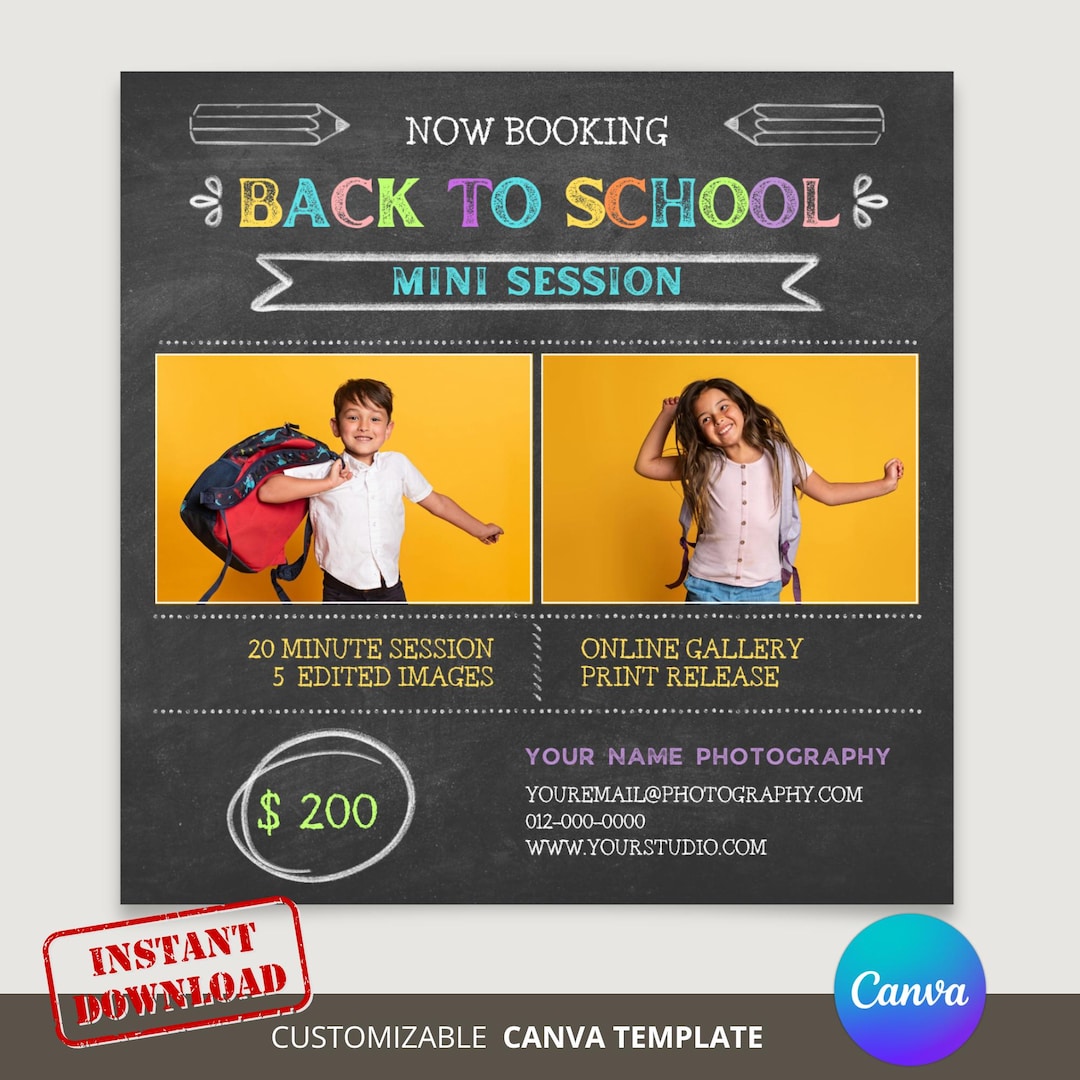 Back to School Mini Session Template: Chalkboard Canva Flyer (5x5 in ...