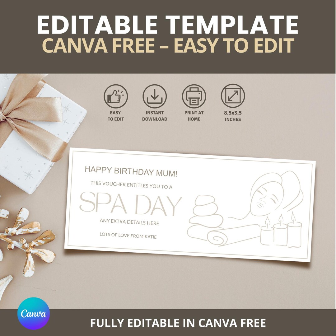 Editable Spa Day Gift Certificate Template: Canva Voucher (8.5x3.5 ...