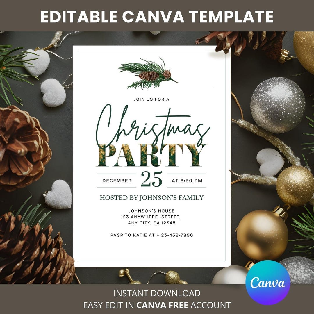 Editable Christmas Party Invitation Template | Canva Holiday Invite ...