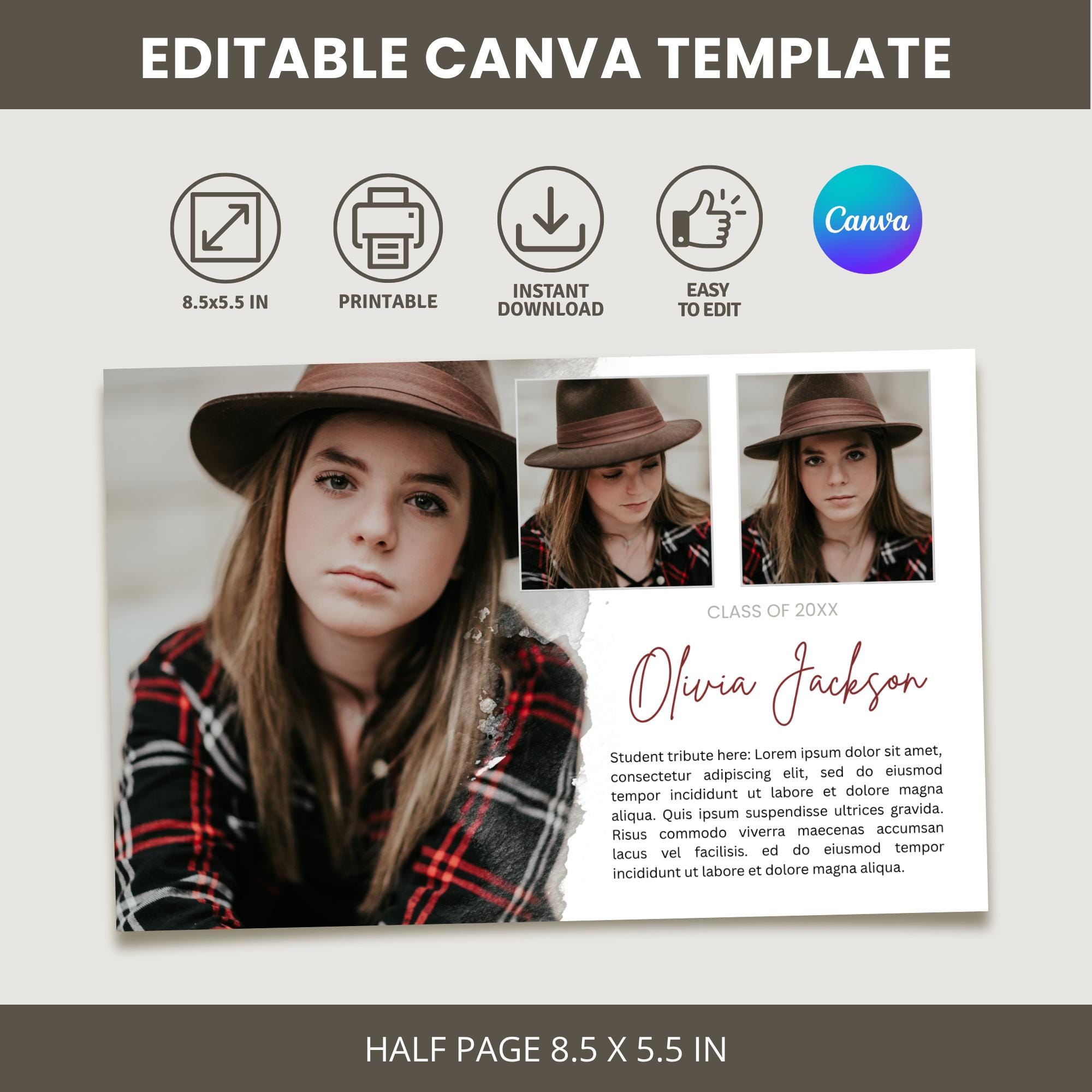 Editable Half Page Graduation Yearbook Ad Template Canva Senior Middle ...
