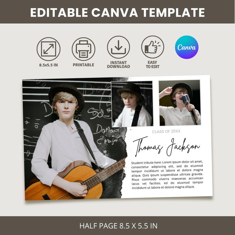 Editable Half Page Graduation Yearbook Ad Template Canva Senior Middle ...