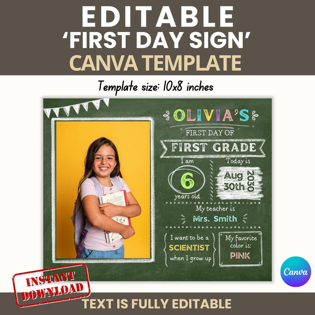 Back to School Chalkboard Sign Template | Editable First Day Sign Canva ...