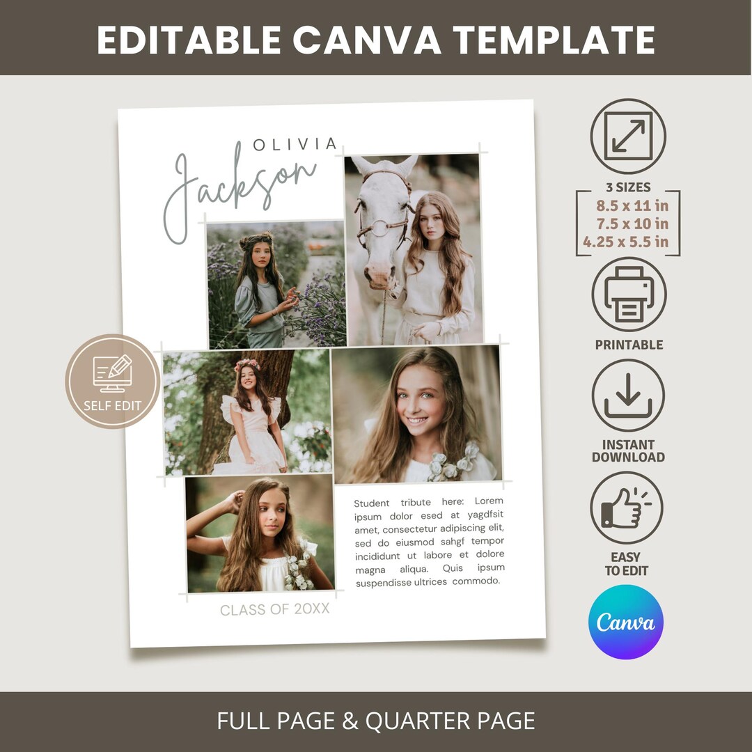 Editable Full Page Graduation Yearbook Ad Template Canva Senior Middle ...