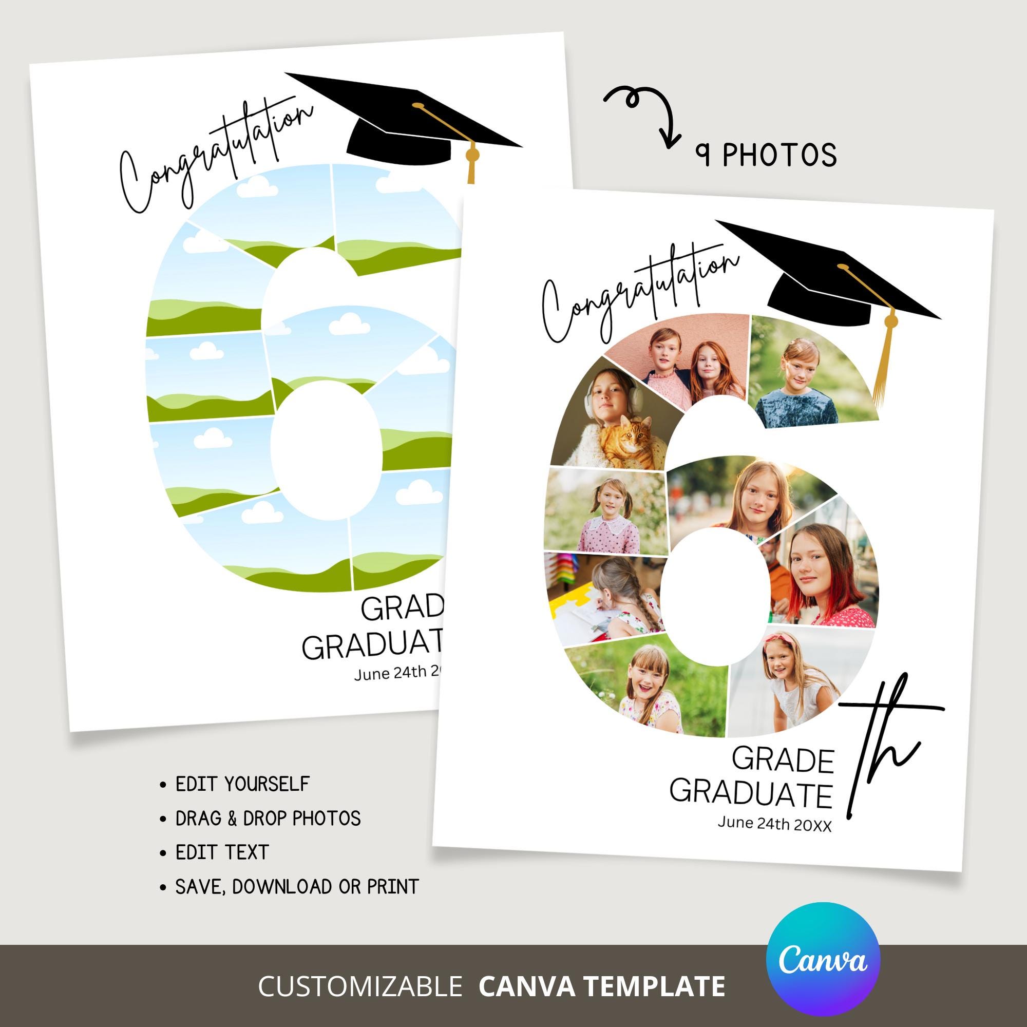 Sixth Grade Graduation Photo Collage Poster: Editable Canva Template ...
