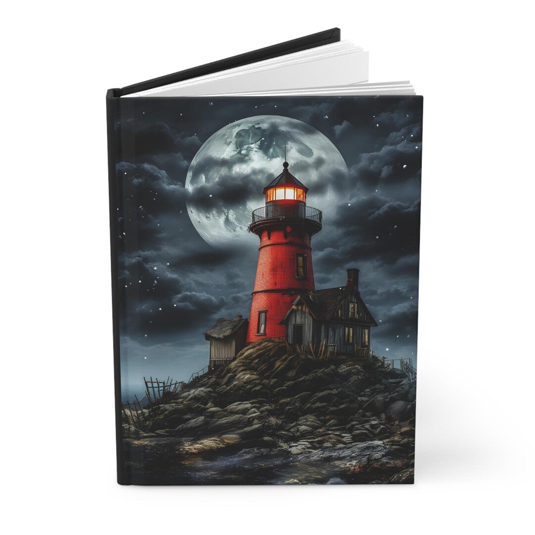 Red Lighthouse Journal: Lined Hardcover Coastal Manifesting Diary, Moon ...