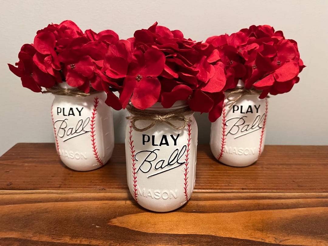 Baseball Mason Jar Utensil Holders/vases: Hand Painted Sports Decor ...