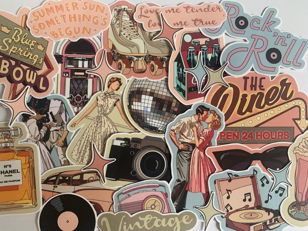 1950s, 50s, Vintage Illustrated Stickers and Sticker Pack. (journaling ...