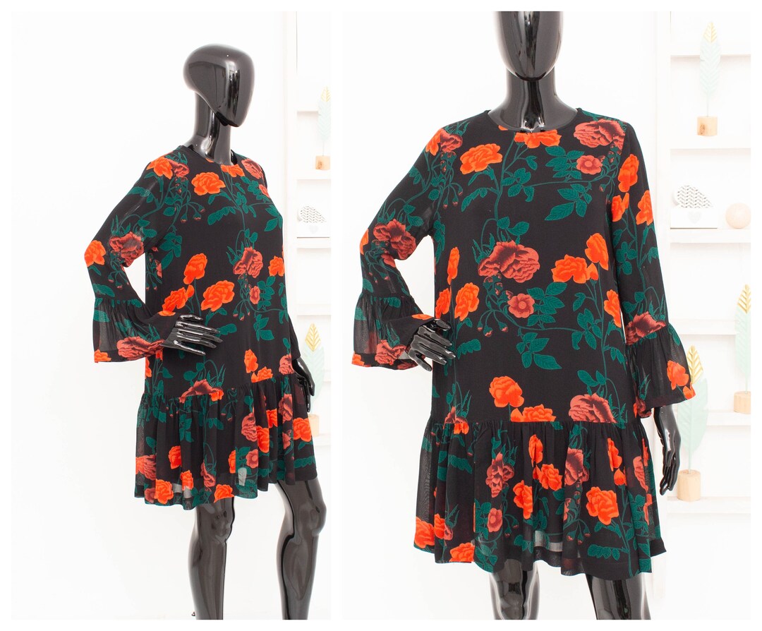 Ganni Crepe Dress Black Red Roses Floral Newman Georgette Floral Flared ...