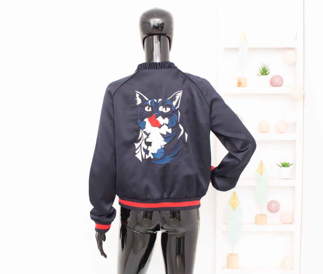 HUGO BOSS Jacket Cat Embroidered Bomber Satin Ruffled Collar Navy Back ...