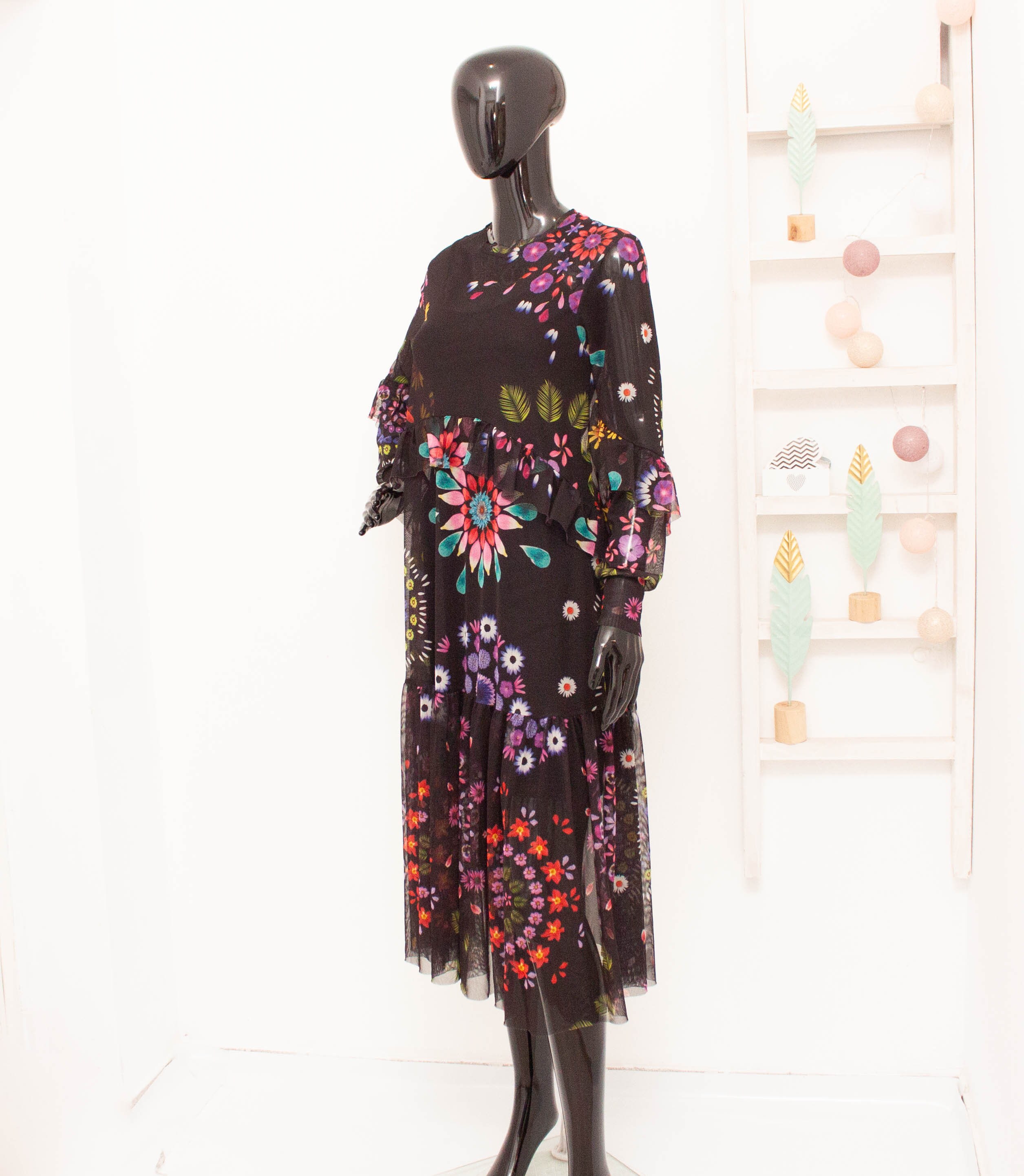 Desigual Midi Dress Mesh Tulle Mandala Floral Pattern Layered Pleated ...