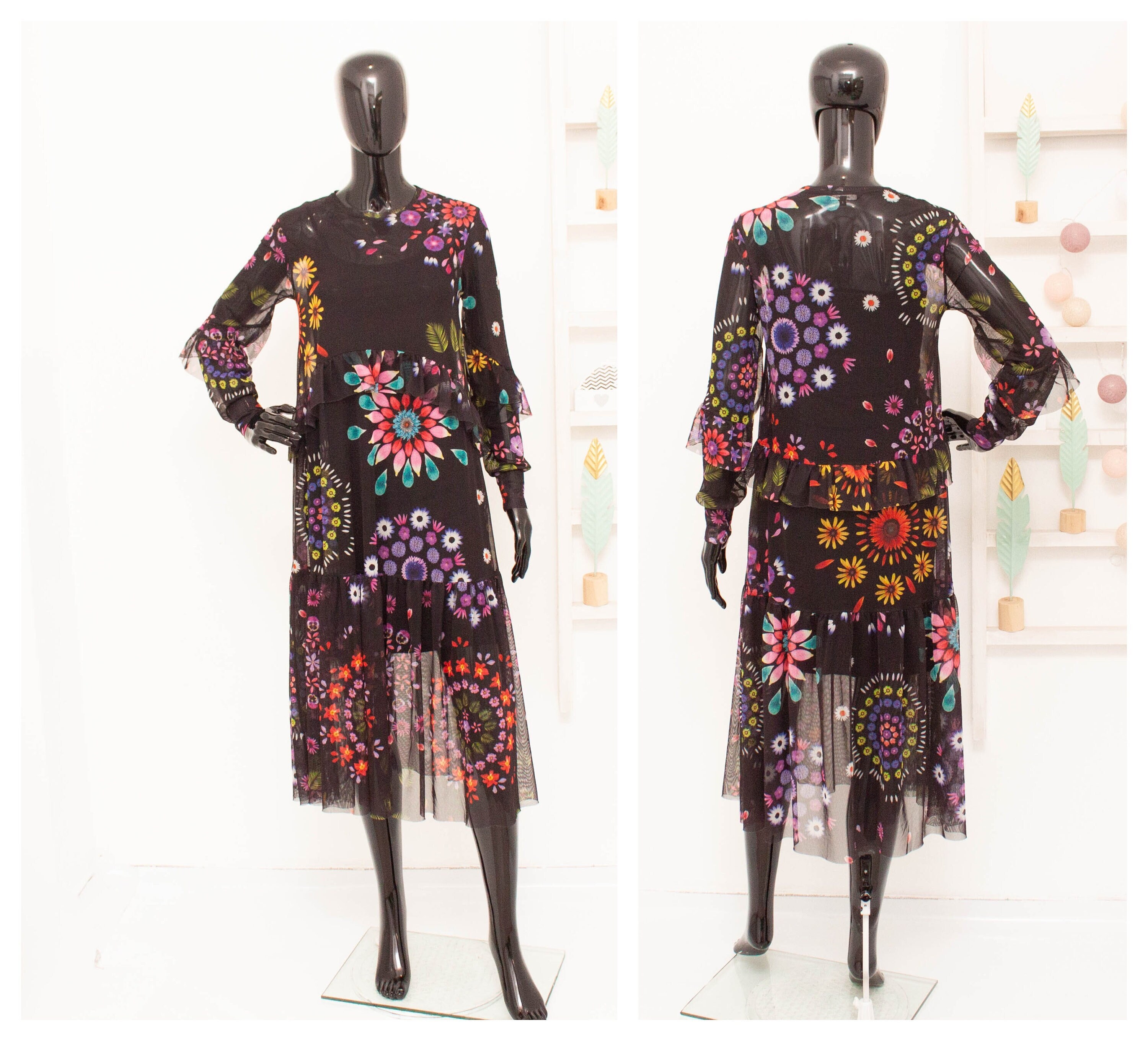 Desigual Midi Dress Mesh Tulle Mandala Floral Pattern Layered Pleated ...