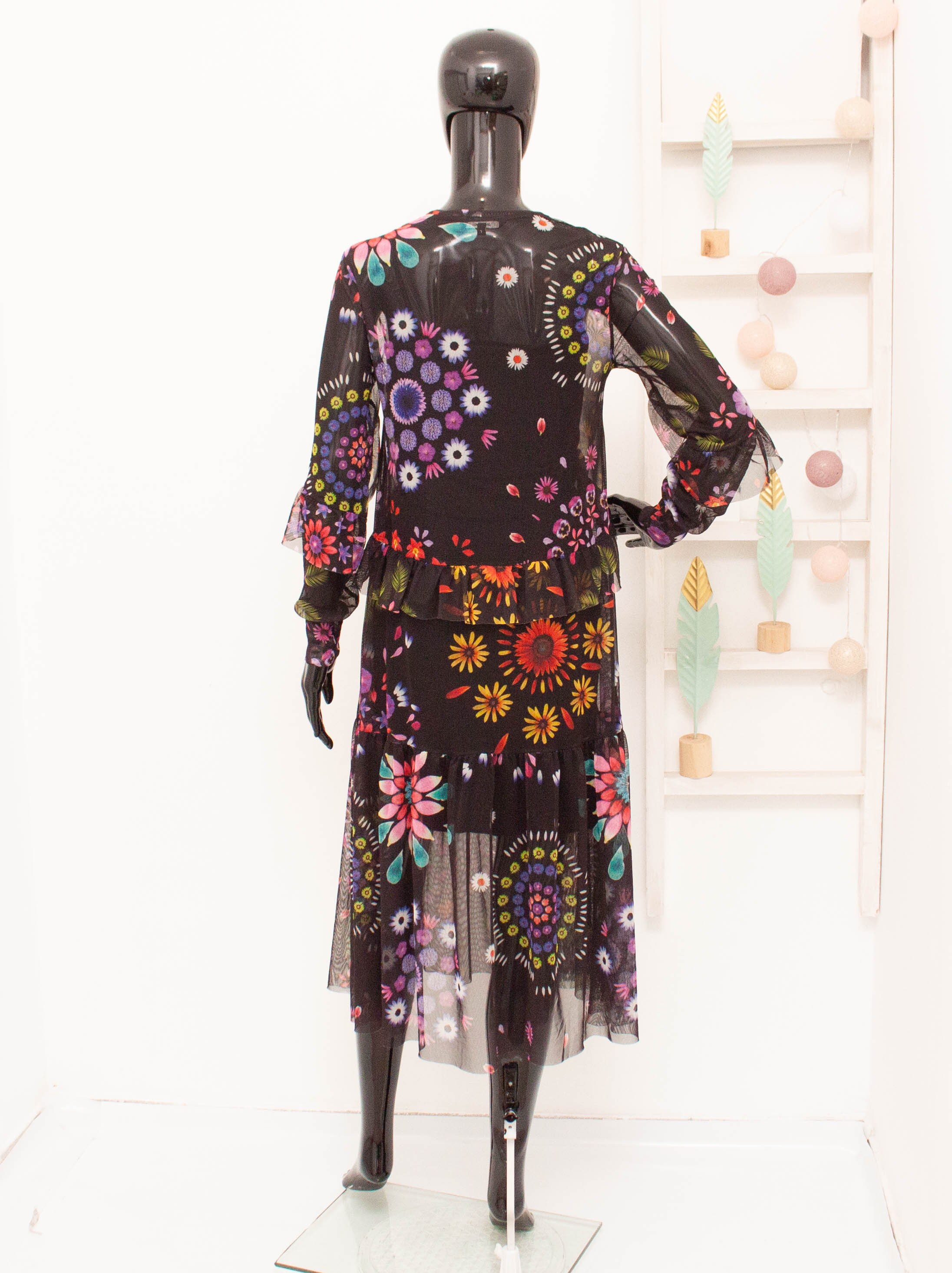 Desigual Midi Dress Mesh Tulle Mandala Floral Pattern Layered Pleated ...