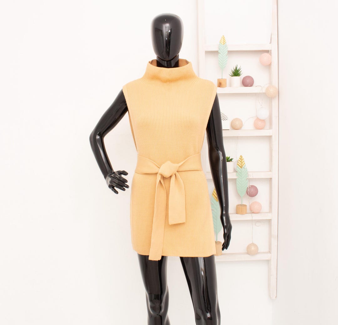 Cos Knit Vest Ribbed High Neck Wool Cotton Sweater Belted Sleeveless ...